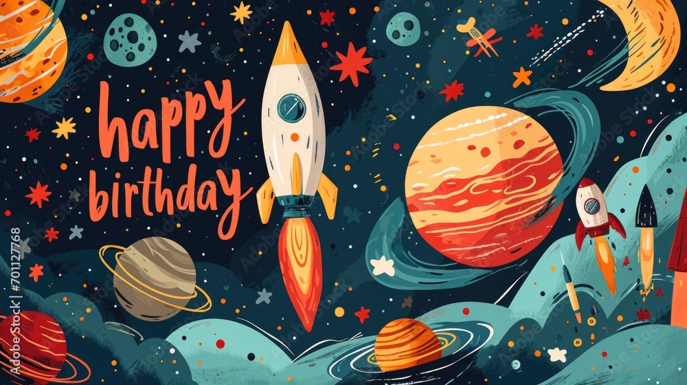 A space-themed birthday party with planets, stars, and rockets, simple ...
