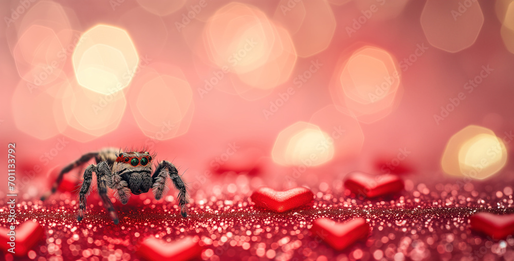Cute jumping spider on a red glitter background with tiny red hearts ...