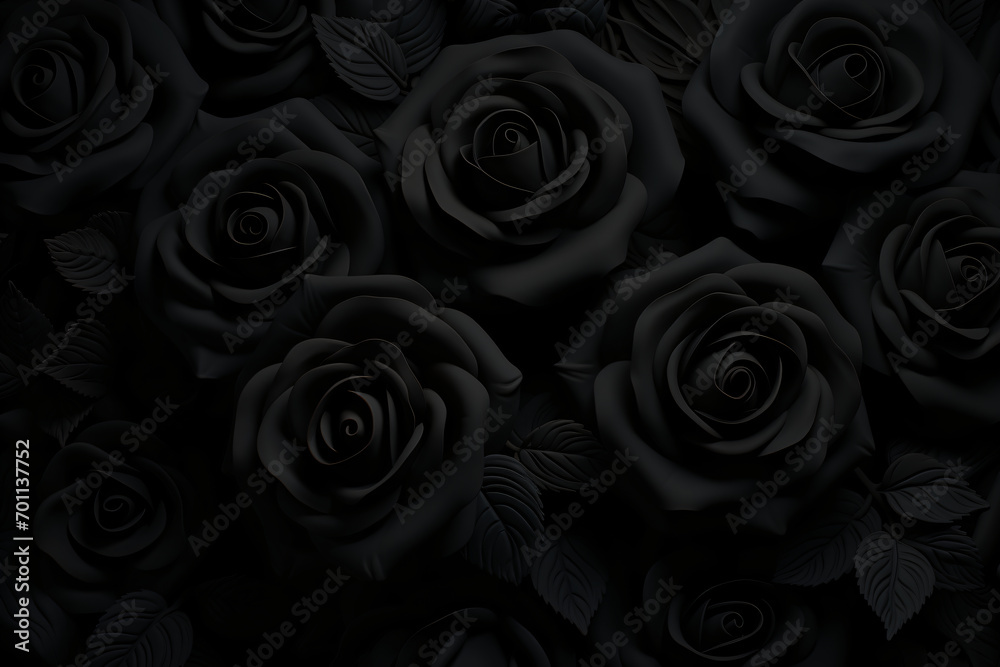 Black roses and leaves cluster together, enveloped in mystery and ...