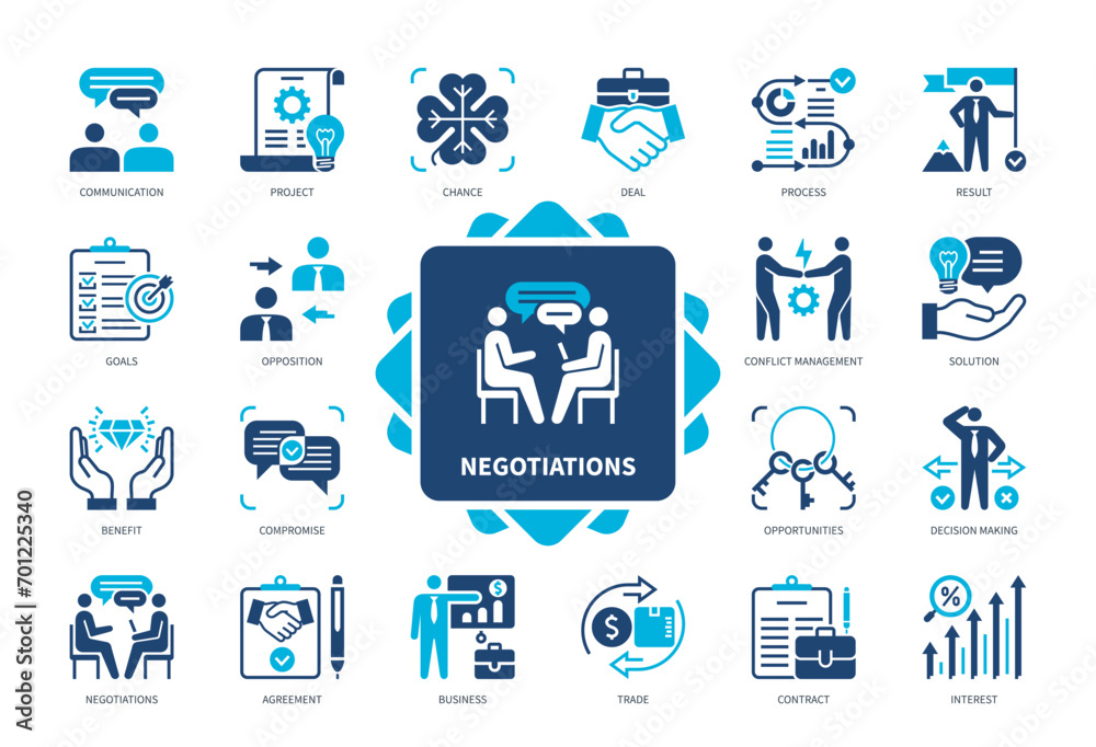 Negotiations icon set. Goals, Compromise, Contract, Solution ...