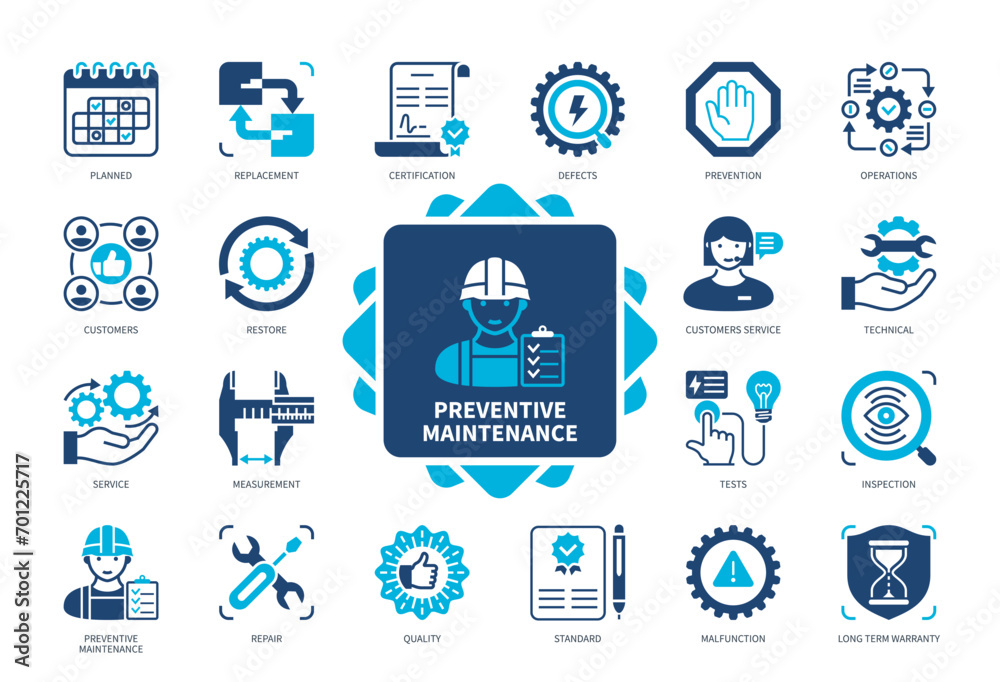 Preventive Maintenance icon set. Malfunction, Inspection, Conditions ...