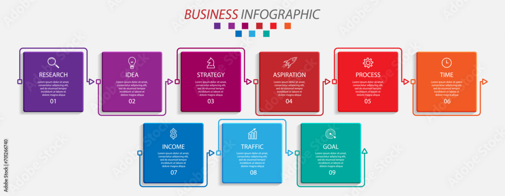 desain bisnis infografis 9 bagian atau langkah, terdapat icon, tex dan ...