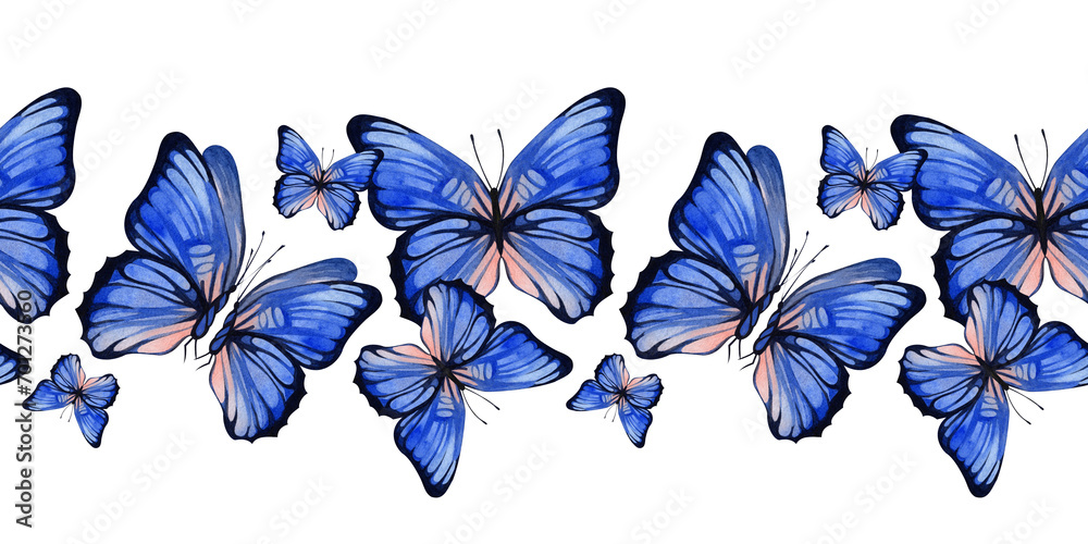 Seamless horizontal border. Frame of blue butterflies. Watercolor ...