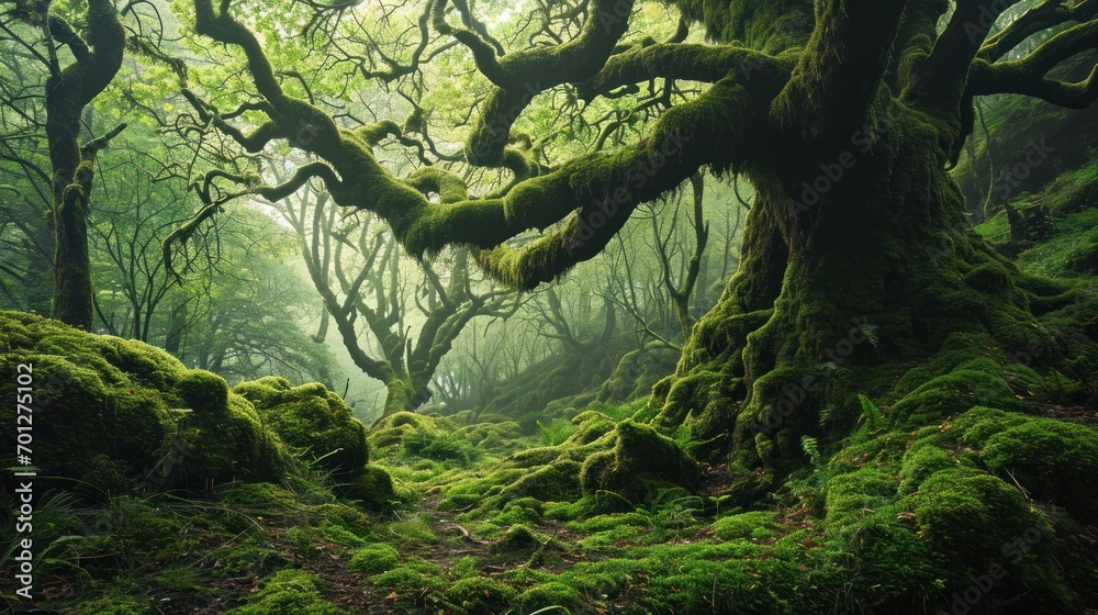 Enchanted forest with moss-covered trees and a magical, fairy-tale atmosphere. Stock Photo ...