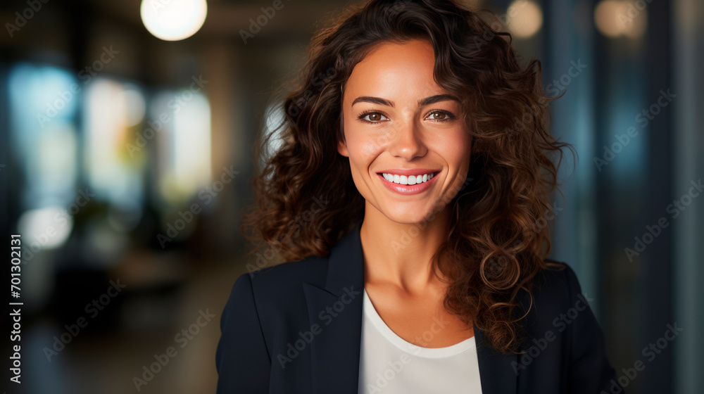 Young smiling professional woman in blue dark business suit, long hair ...