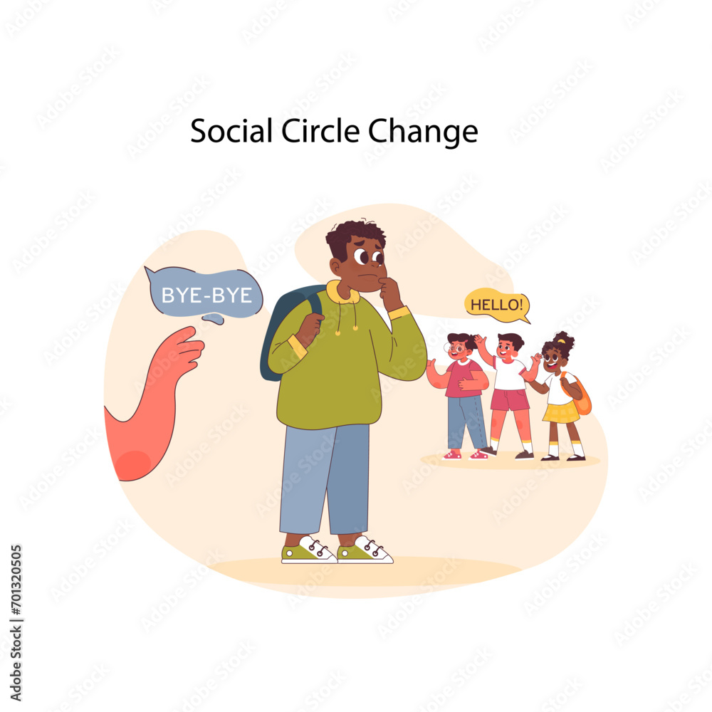 Social Circle Change concept. A hesitant boy says goodbye to one friend ...