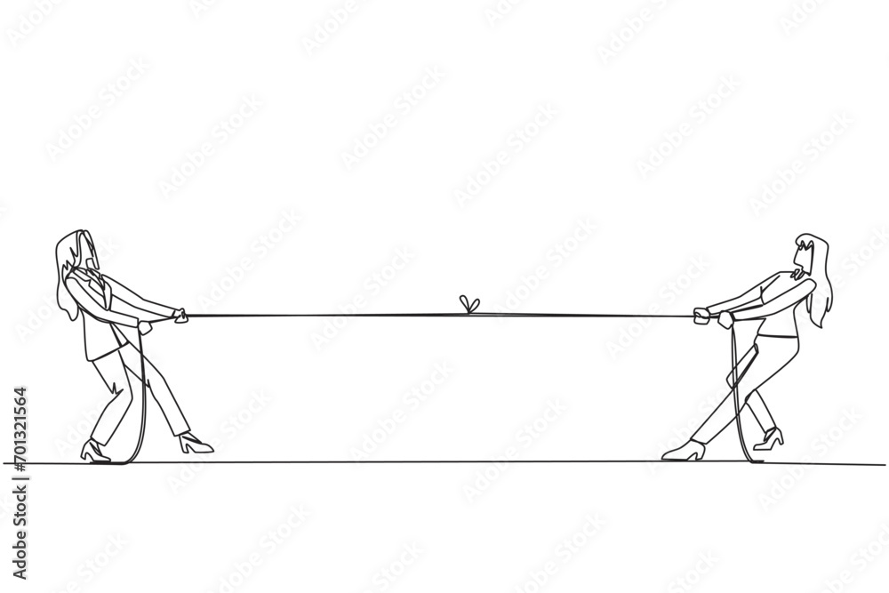Continuous one line drawing two businesswomen pulling each other's rope ...