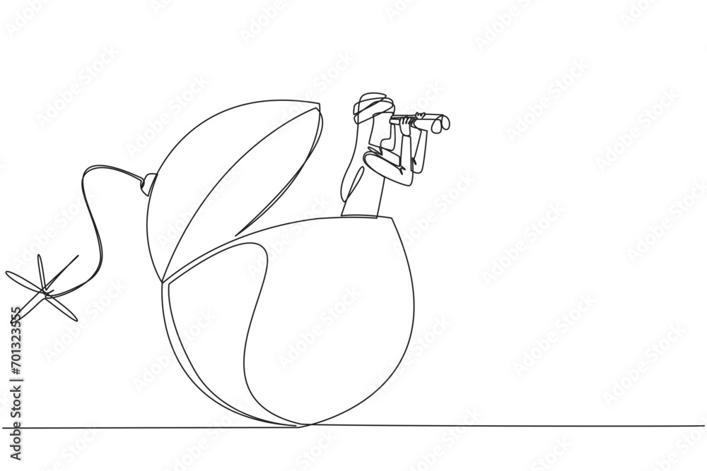 Continuous one line drawing Arab businessman emerges from bomb with a ...