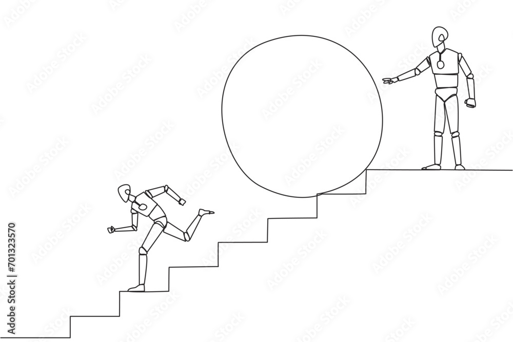 Continuous one line drawing robotic running down stairs avoiding big ...