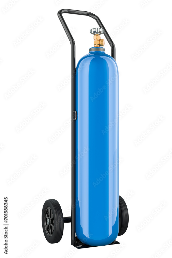 Gas cylinders with oxygen O2, Blue gas cylinder with hand truck. Gas ...