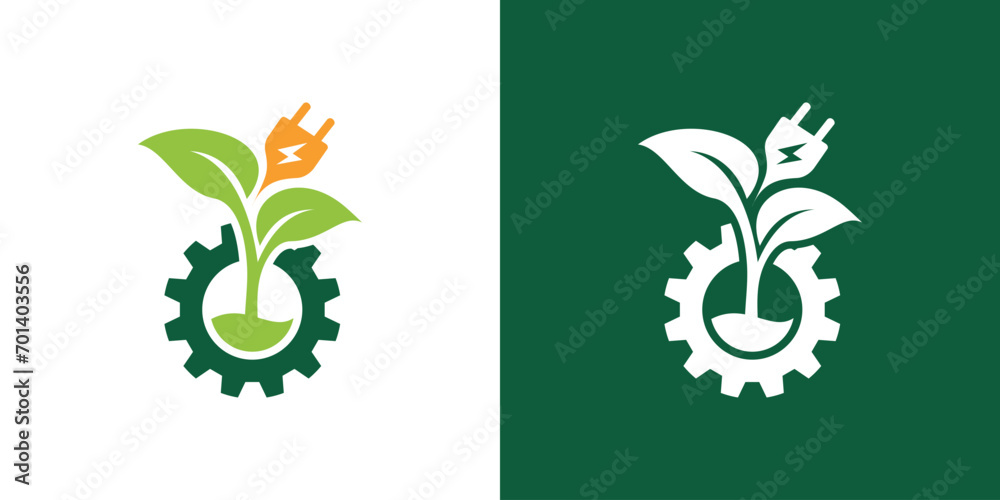 eco setting leaf and gear icon with plug symbol in design. green energy ...