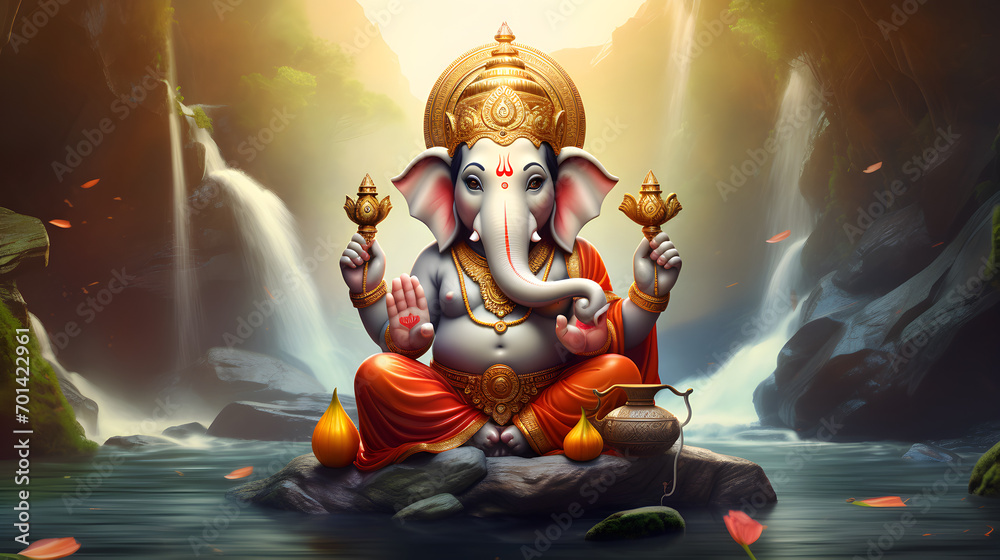 Lord ganesha with background of waterfall Stock Photo | Adobe Stock