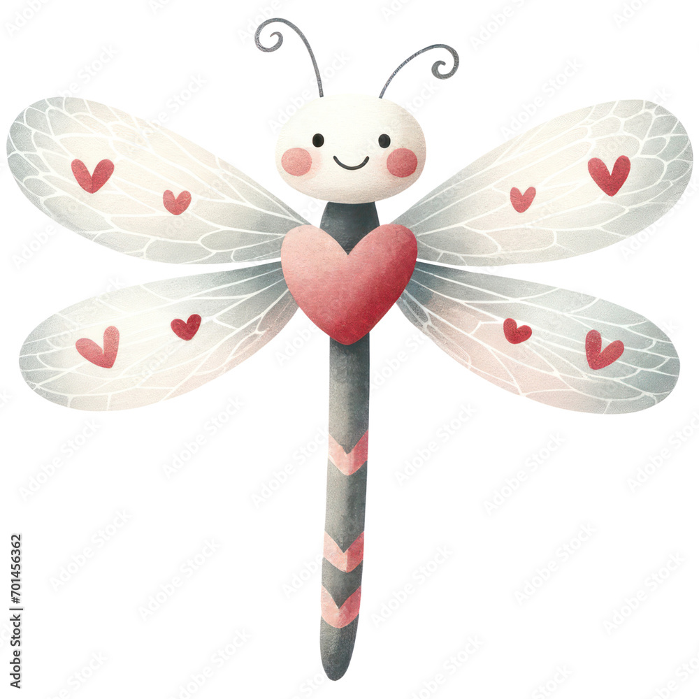 Cute dragonfly with hearts, Happy Valentine's Day, Watercolor, Isolated ...