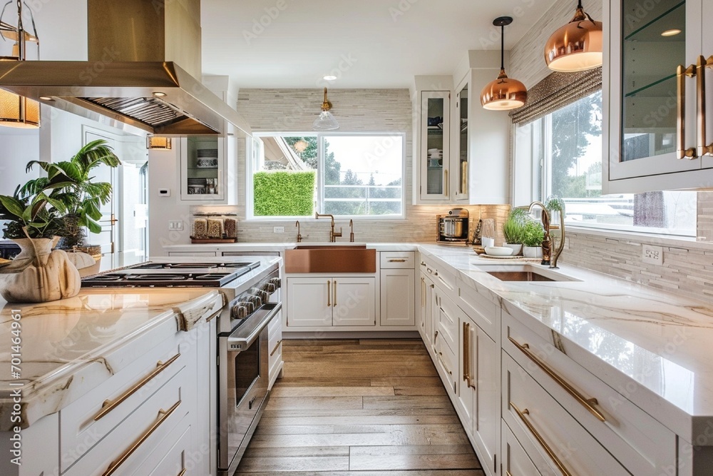 Nature-inspired kitchen, sandstone quartz counters, copper handles ...