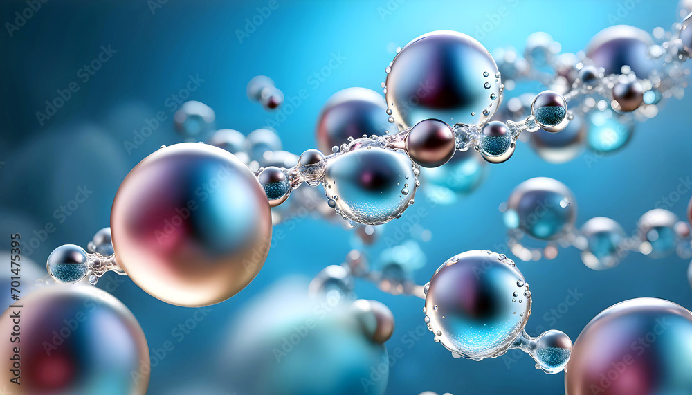 Cosmetic essence, liquid water molecules, molecules inside liquid ...