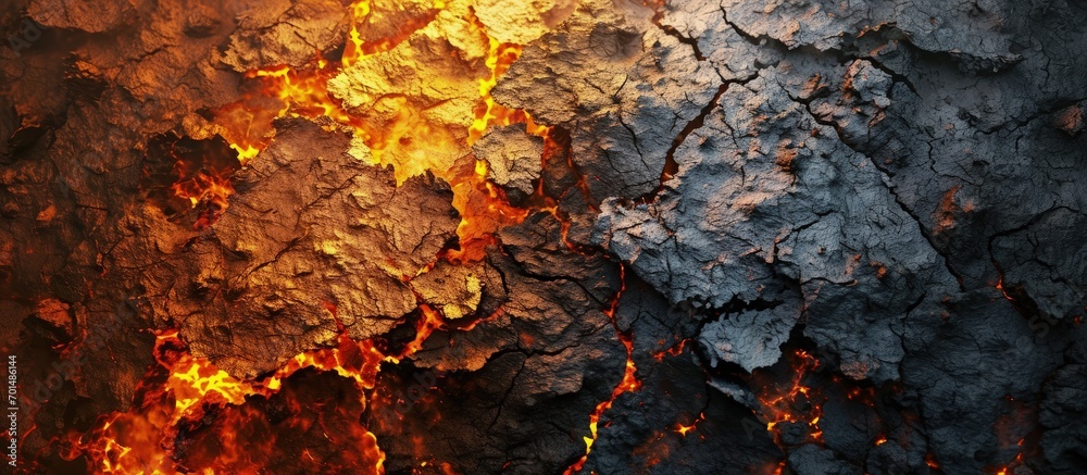 Two opposite sides separated by a line of fire flames and debris in a ...
