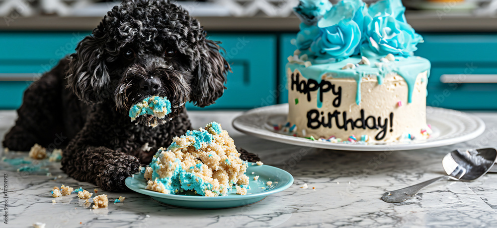 Witness the pure joy as a cute black poodle indulges in a scrumptious ...