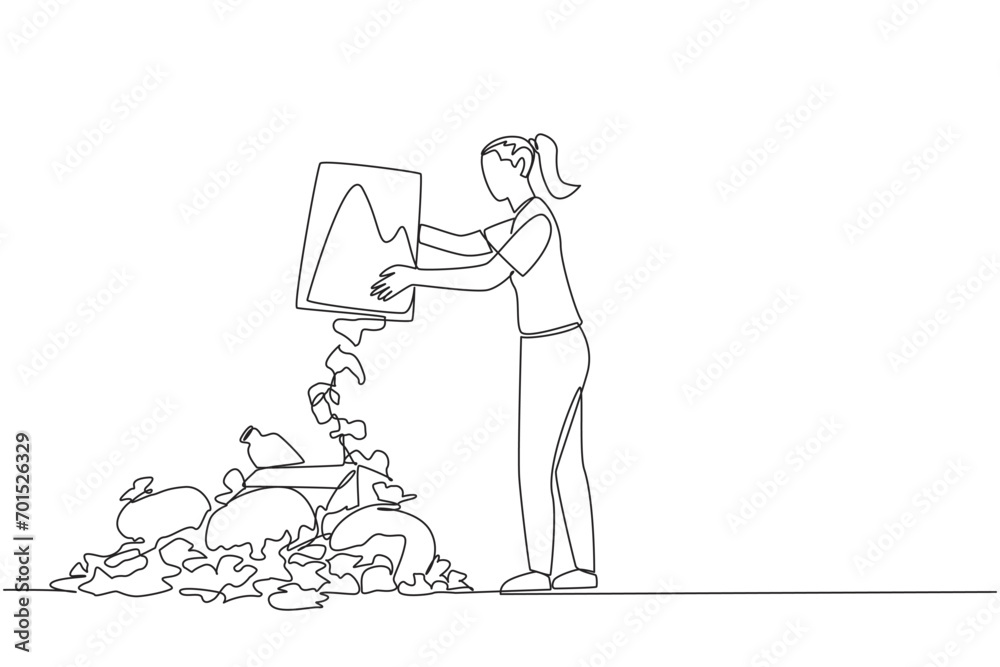 Continuous one line drawing woman throws rubbish into rubbish pile ...