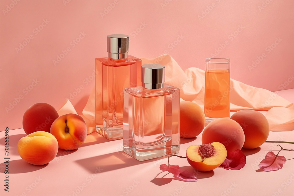 Peache Perfume. Bottles of Perfume with Peaches on pink color ...