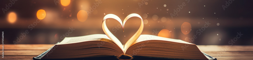 Love story book with open page of literature in heart shape and stack ...