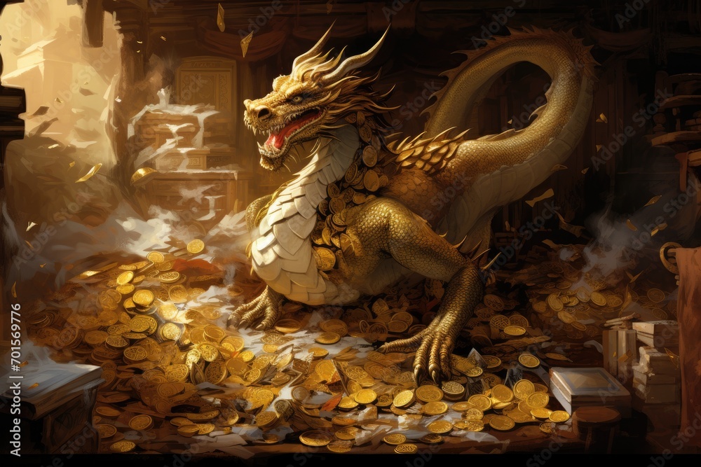 Dragon and gold coins in the temple. 3d render illustration, An ...