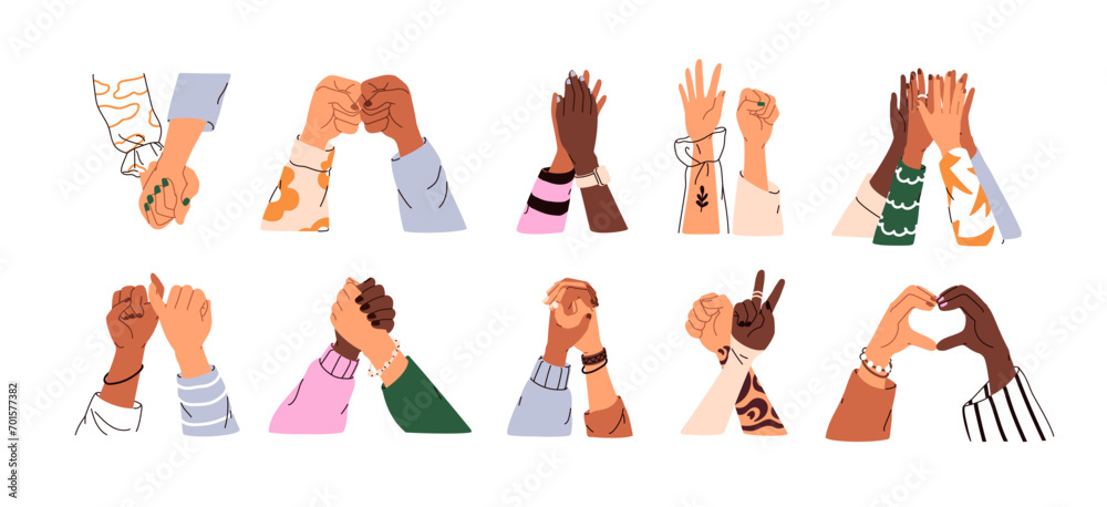 Friend hands together set. Giving high five, fist bump, peace sign ...