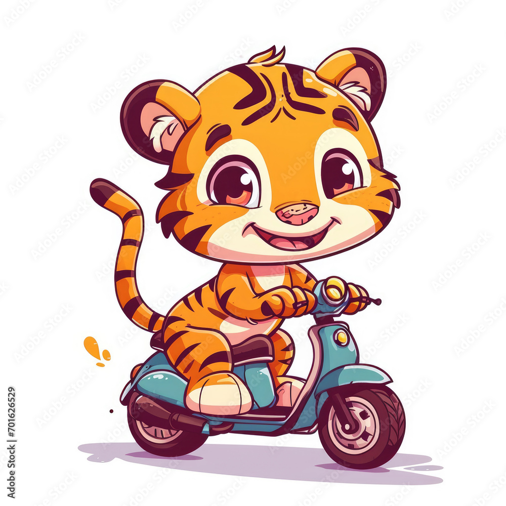 Happy cute tiger cartoon character riding a scooter on a white ...