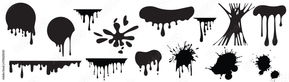 Black paint liquid. Ink drop set. Black inkblot. Ink splattered ...