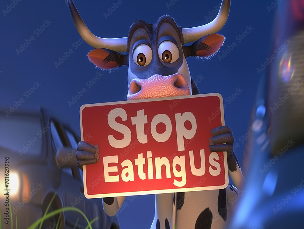 Lustige Kuh Cartoons mit Hinweisschild bitte nicht essen, ai generativ ...