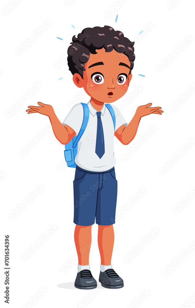 Confused Indian school boy shrugging shoulders. Cartoon vector ...