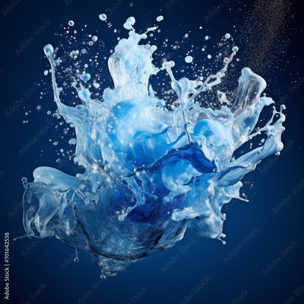 big Splash of shiny and transparent blue liquid with many tiny drops on ...