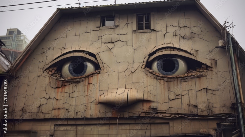 Very old shabby building with eyes. Real house emoticon. Emoji ...