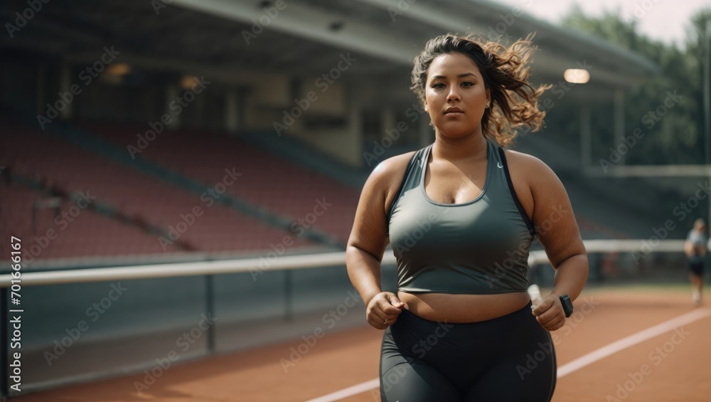 plus size sportswoman running on stadium track Stock Photo | Adobe Stock