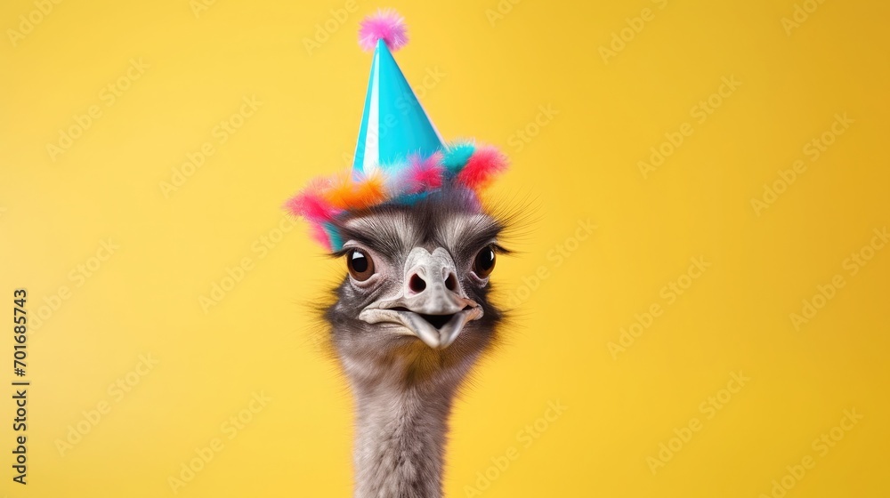 imaginative animal idea. Emu bird dressed for a party in a cone hat ...