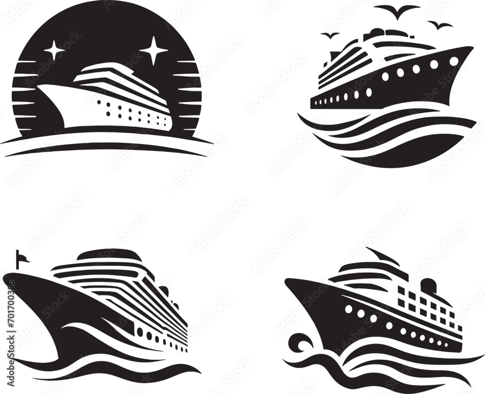 Set of Cruise Logo Black and White Vector – Nautical Ship Emblems for ...
