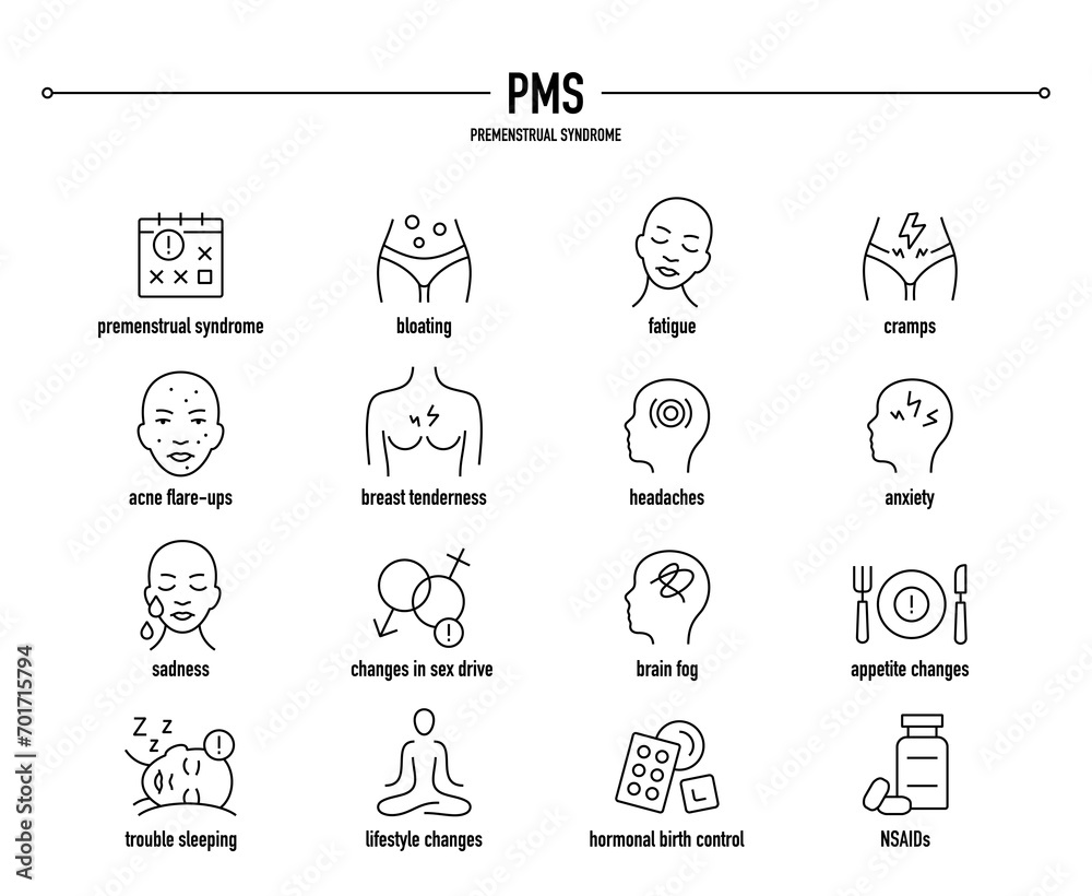 Premenstrual Syndrome symptoms, diagnostic and treatment vector icons ...