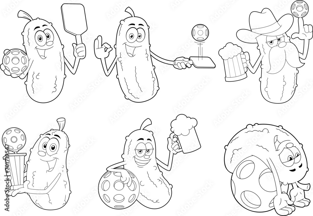 Outlined Pickle Cartoon Characters Pickleball Ball Players. Vector Hand ...