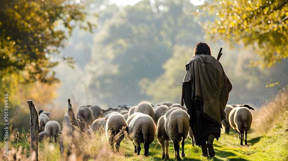 Jesus Christ, good shepherd and flock of sheep Stock Photo | Adobe Stock