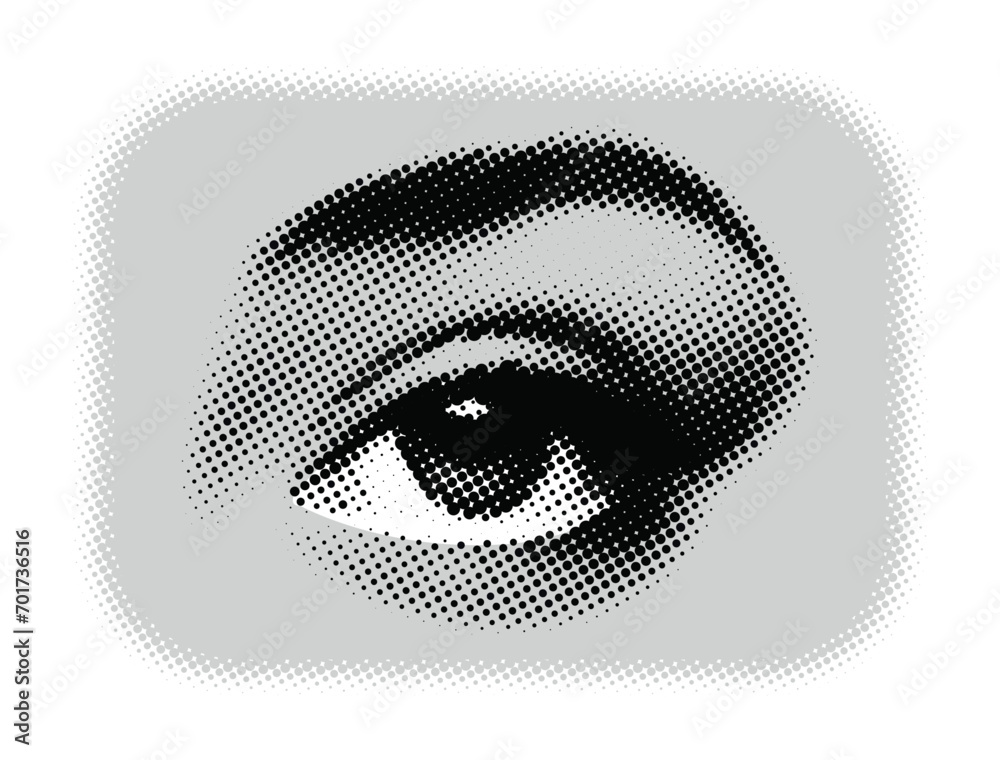 Dotted vector illustration of a human eye with halftone dots. collage ...