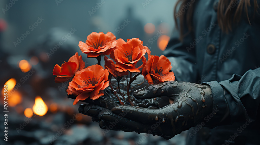 Soldier's Hands Clasping a Gun and a Single Wild Red Poppy Flower. A ...