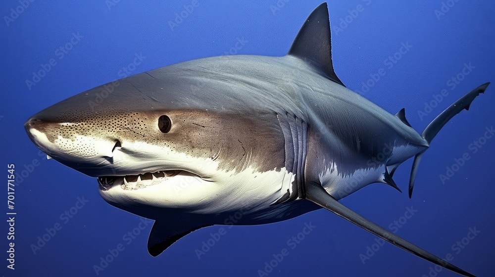 A dangerous blue shark, with a prominent jaw and visible fangs, is seen ...