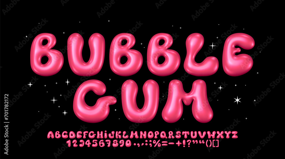 Glossy bubble gum font. Inflated alphabet 3D ballon letters and numbers ...