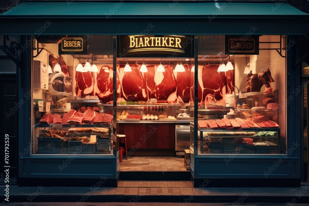 Restaurant interior with meat stall. 3D rendering illustration, Butcher ...