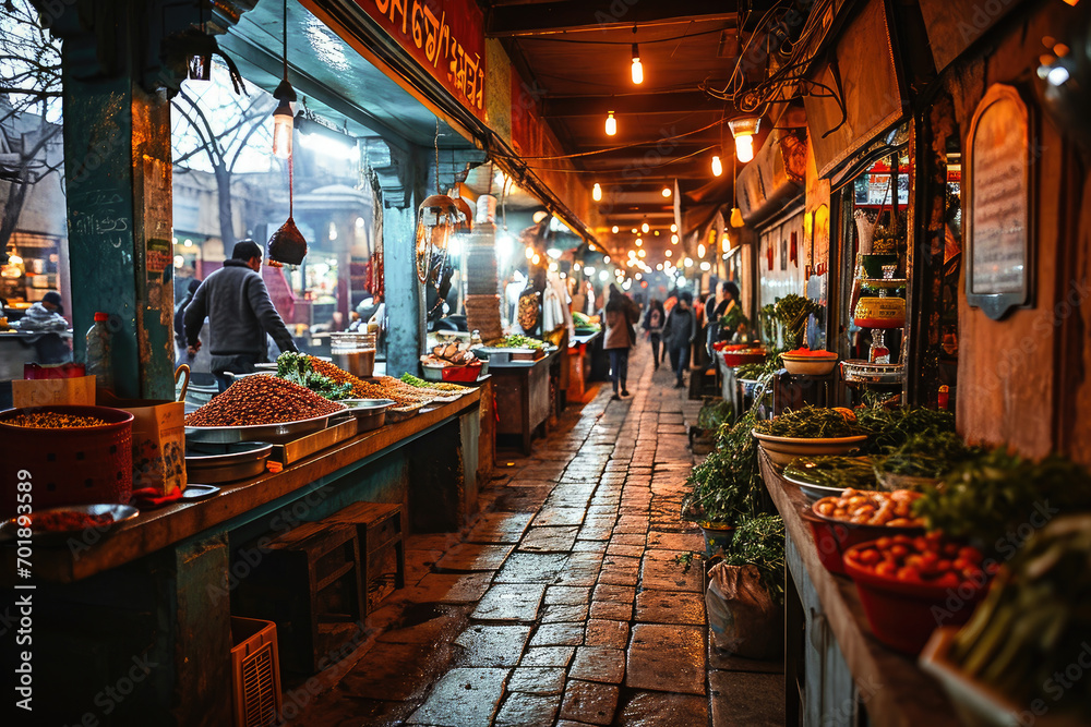Bustling street market scene with vendors selling fresh vegetables and ...