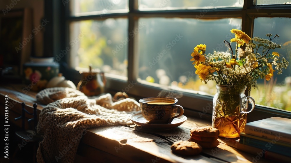 herbal tea and biscuits on the sunny window seat, relaxed home fashion ...