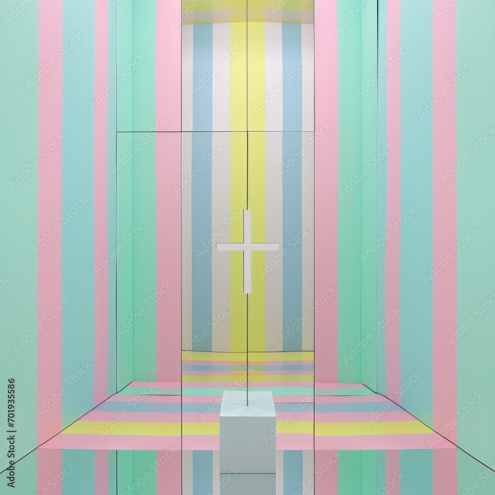 An illustration of a modern, minimalist chapel interior with a white ...