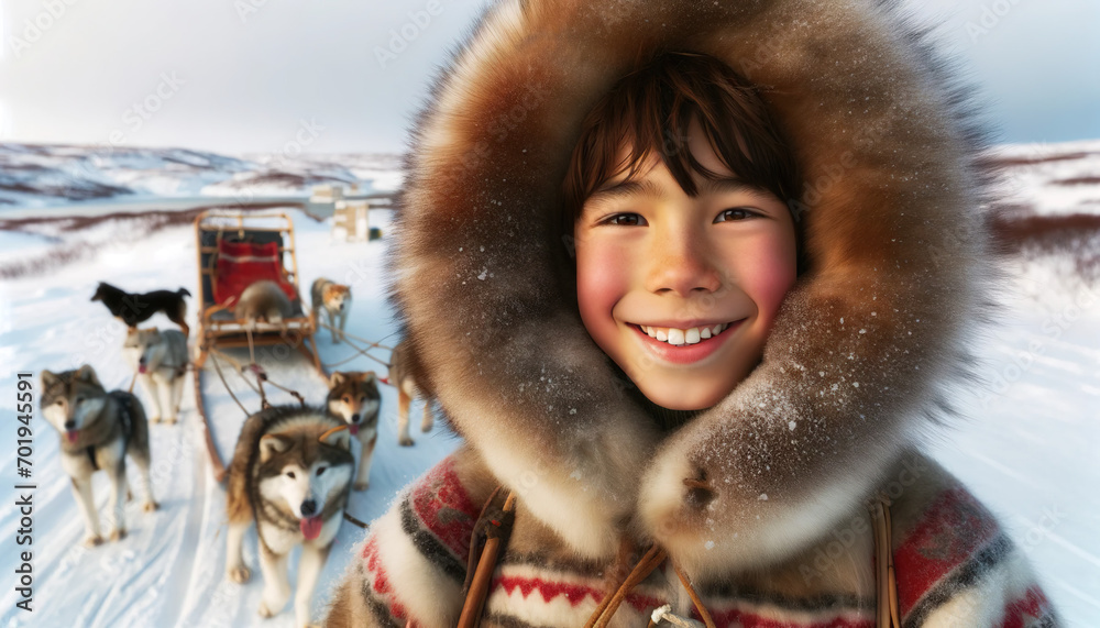 Inuit boy in the snow, wearing Reindeer hide parka with dog fur trim ...