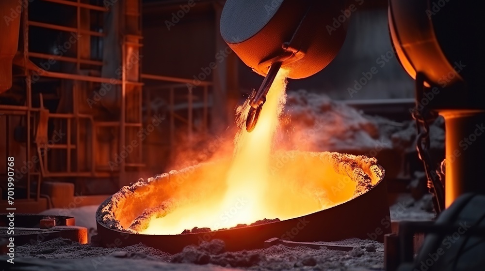 Stock-Foto „Steel making workshop, Melted molten metal is poured with ...