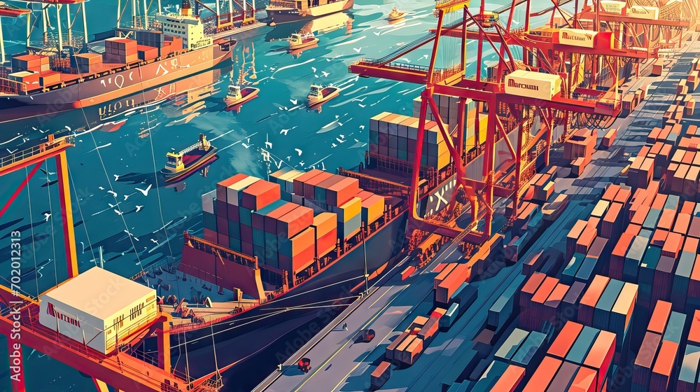 Colorful illustration of merchant ships docking, delivering and picking ...