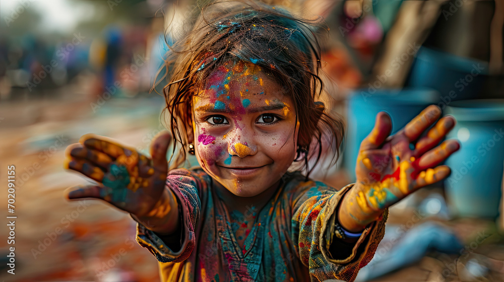 young cute cheerful little girl kid with applied holi colors powder ...